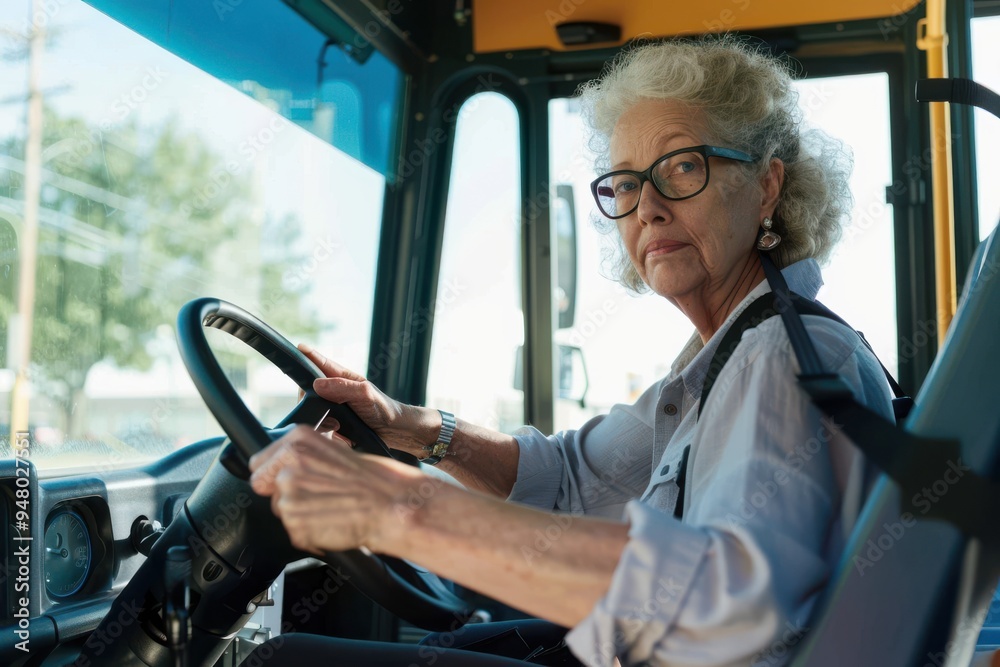 Portrait of mature woman driving a school bus. Portrait of mature woman ...