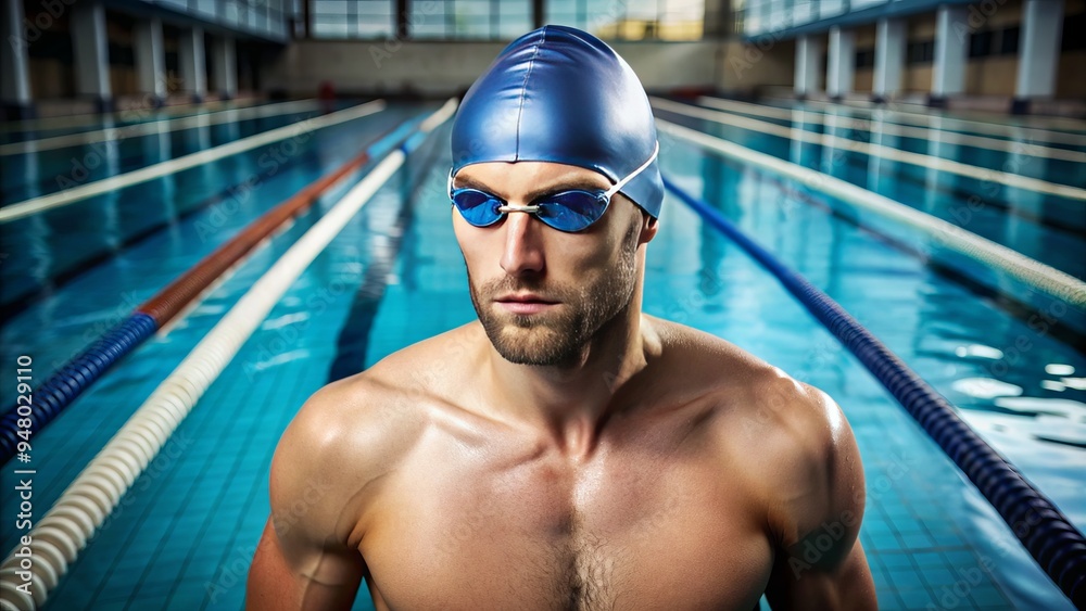 Fit athletic male swimmer in goggles and swim cap standing solo on pool ...