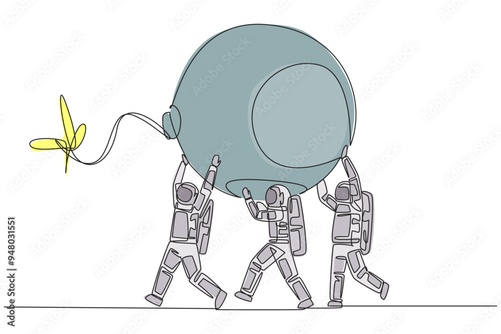 Continuous one line drawing group of astronauts work together carrying ...
