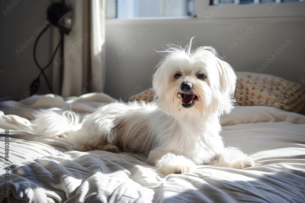 Maltese dog on bed with open snout Fluffy Maltese dog lying on bed in ...