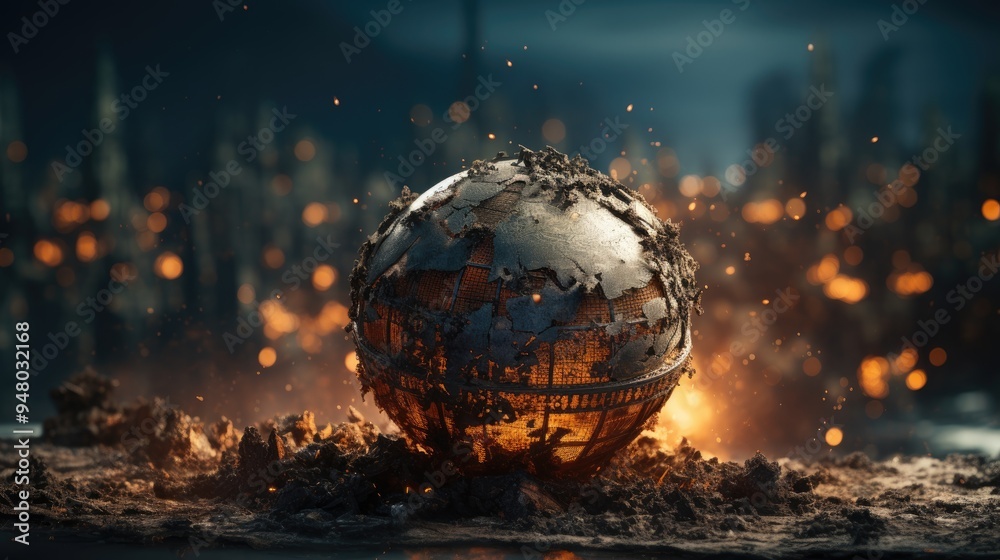 Carbonized Earth globe destroyed by fire, collapsing and burning on glowing embers. Conceptual ...