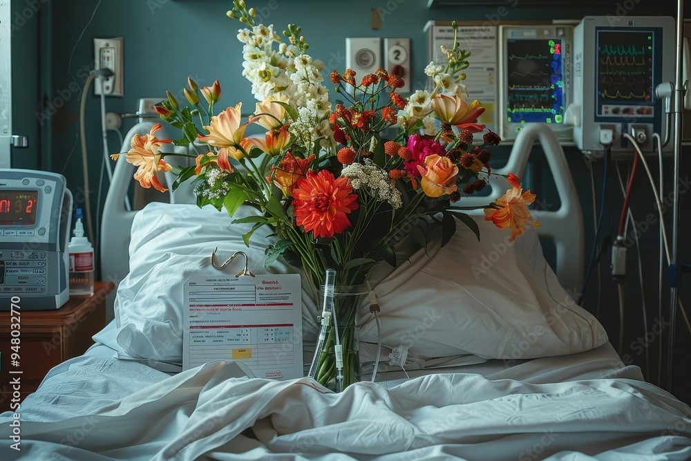 Flat lay of a hospital bed with patient's chart and medical equipment ...