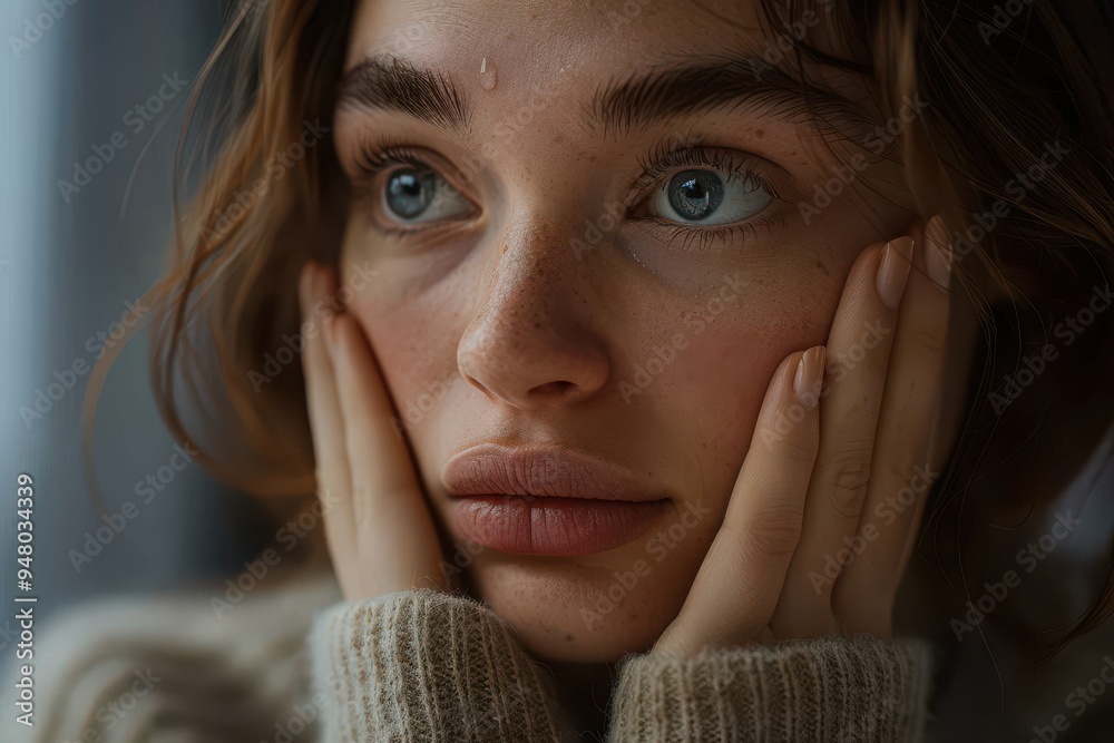 Sad desperate grieving crying woman with folded hands and tears eyes ...