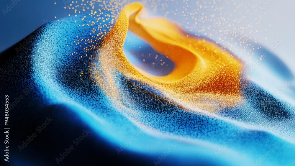 abstract blue and gold particle wave with dynamic flow and wind blowing ...