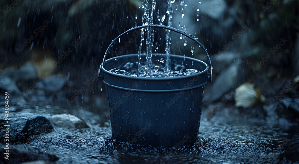 A Bucket Full of Water Splashing in the Rain, Pouring Down and Creating ...
