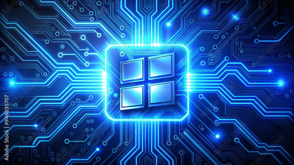 Glowing blue operating system icon on a futuristic dark background with ...
