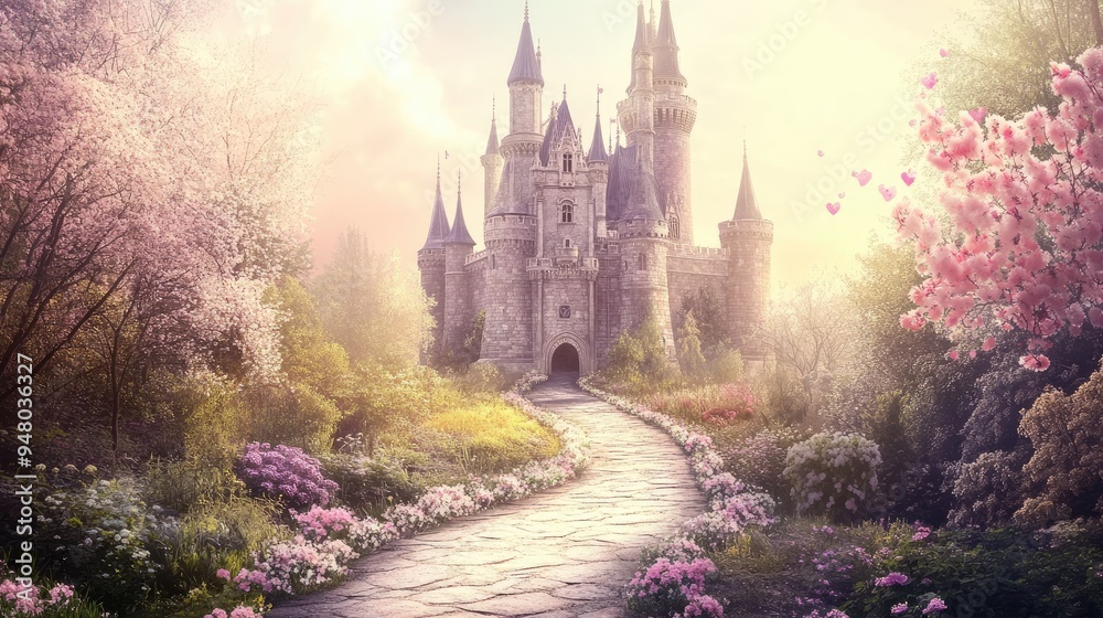 A fairytale castle backdrop with tall towers, a stone pathway, and soft ...