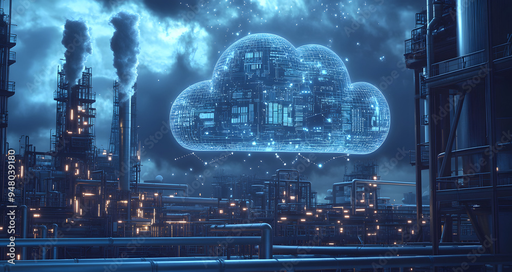 3D Rendering of Cloud Technology Integrated into an Industrial Plan ...
