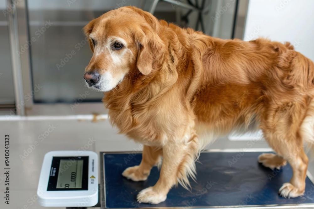 Beautiful dog standing on a weight scale at the vet Beautiful Golden ...