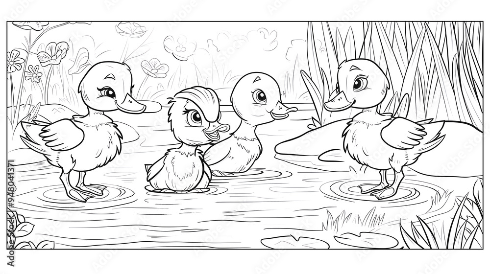 happy ducks coloring page, duckly cartoon playing in the water, scene ...