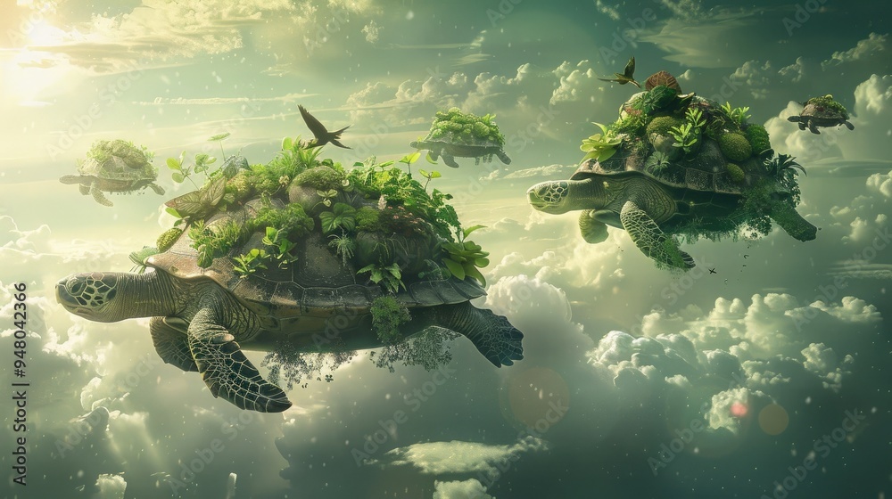 Giant turtles carrying lush sky gardens on their backs floating amidst ...