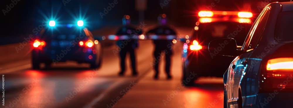 Police officers blocking a road during a nighttime incident with ...