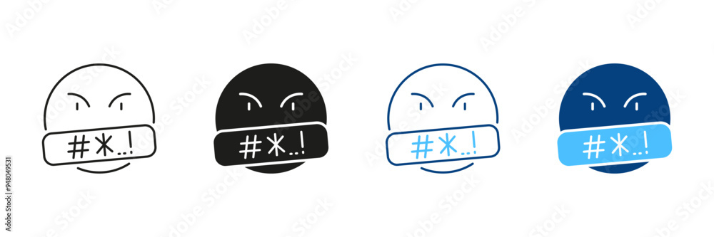 Angry Swearing Emoticon Line and Silhouette Icon Set. Customer Negative ...
