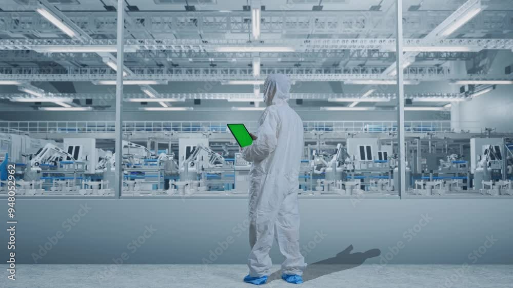 Full Body Back View Of Asian Male Scientist Use Green Screen Tablet ...