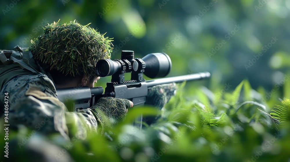 Sniper in ghillie suit hidden in jungle, aiming rifle. Stock Photo ...