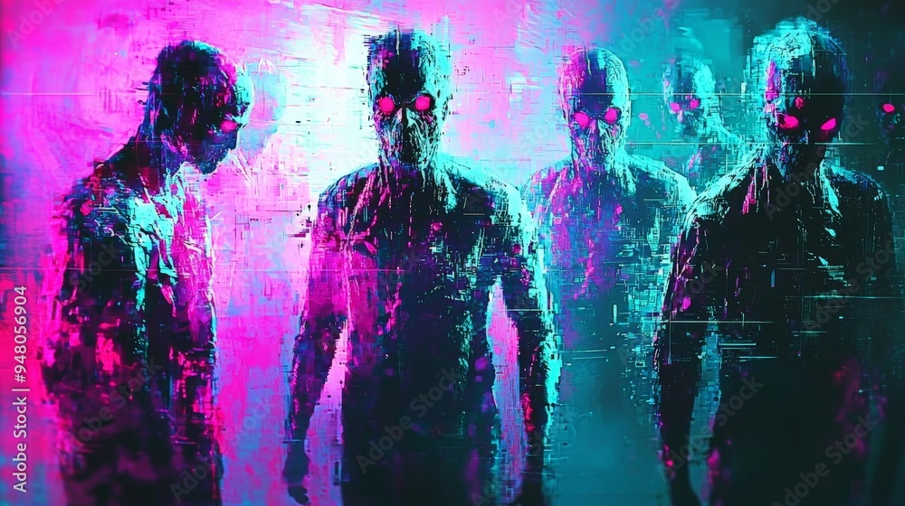 An abstract representation of cyberpunk zombies, using neon colors and ...