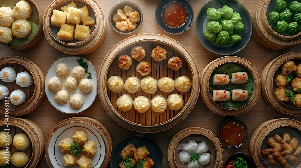 Overhead View of Authentic Chinese Dim Sum Spread With Bamboo Steamers ...