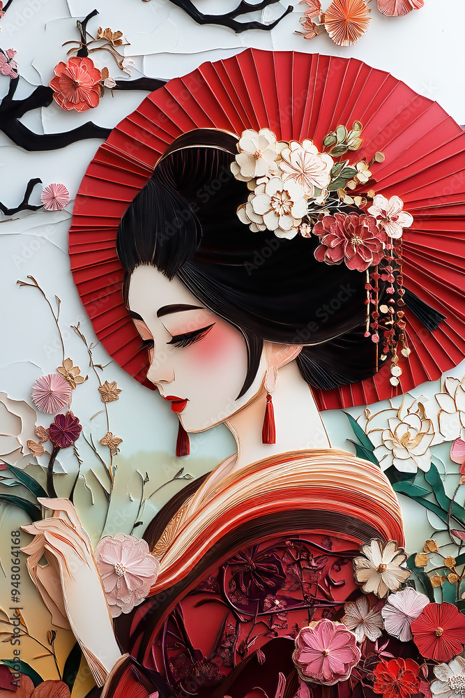 Kirigami, intricate Japanese cut paper art of a geisha girl in red ...