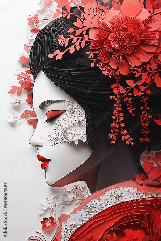 Kirigami, intricate Japanese cut paper art of a geisha girl in red ...