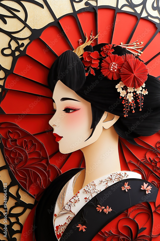 Kirigami, intricate Japanese cut paper art of a geisha girl in red ...