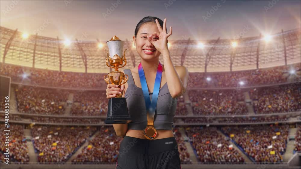 Asian Woman With A Gold Medal And Trophy Showing Okay Hand Sign Over ...