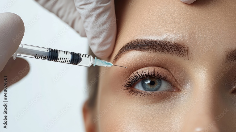 A close-up of a forehead as a botulinum toxin injection is administered ...