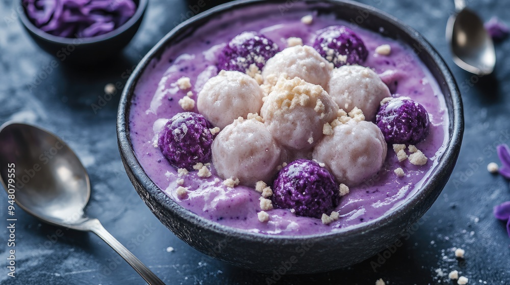 Taro bingsu with taro balls, taro syrup, and a dusting of purple yam ...
