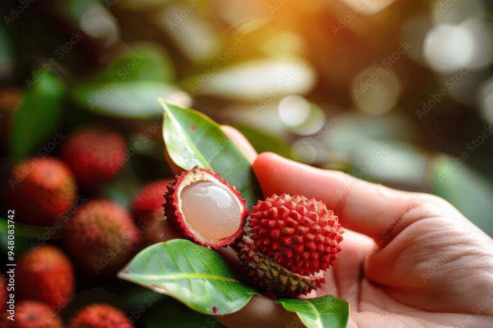 hand holding a Lychee tropical fruit native to the Guangdong and Fujian ...