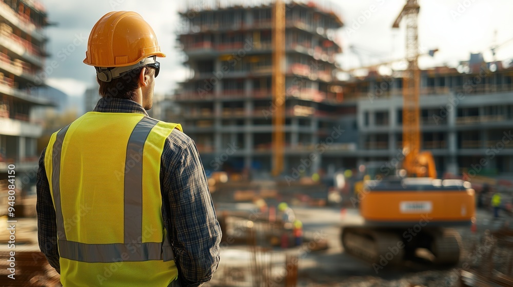 Construction Worker Overseeing Building Site Development. Construction ...