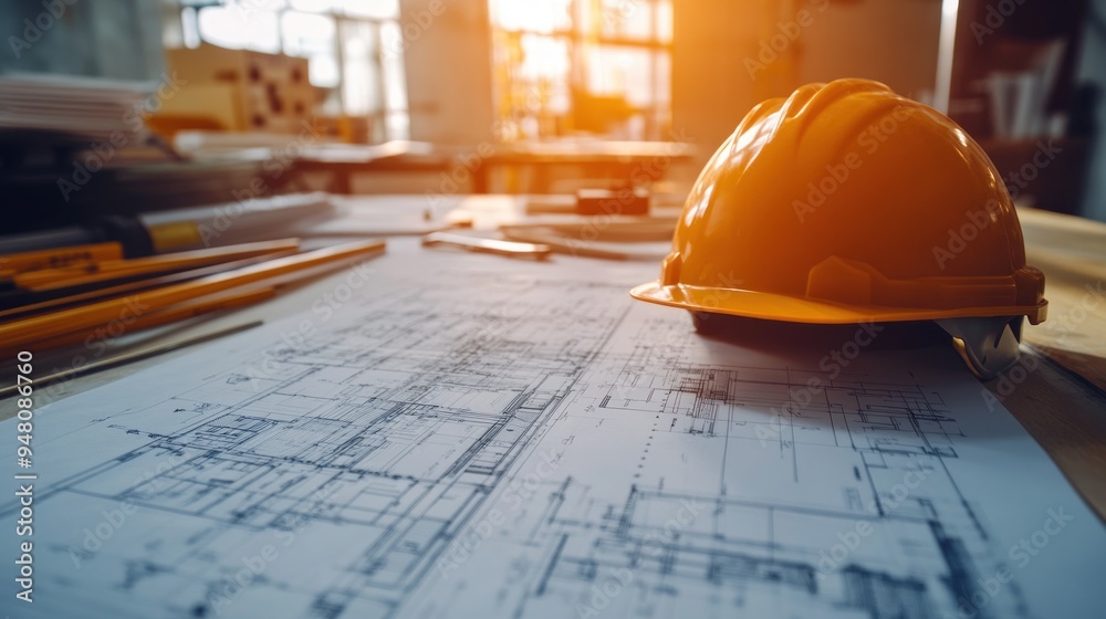 Architecture, level and above of desk with blueprint, floorplan and ...
