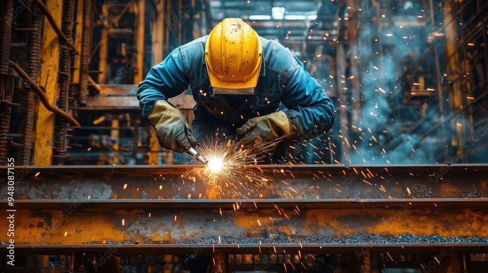 Welder Working on Steel Beam in Industrial Site. Welder in a yellow ...