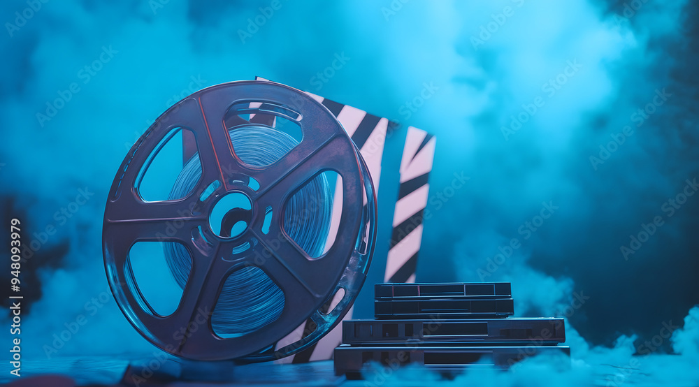 Film Reel and Clapperboard on an Abstract Background, Symbolizing the ...