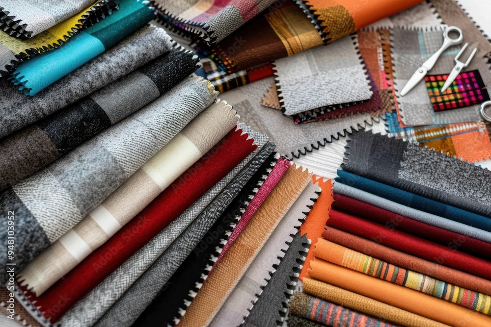Fabric swatches and tailoring tools on the table of a textile shop ...