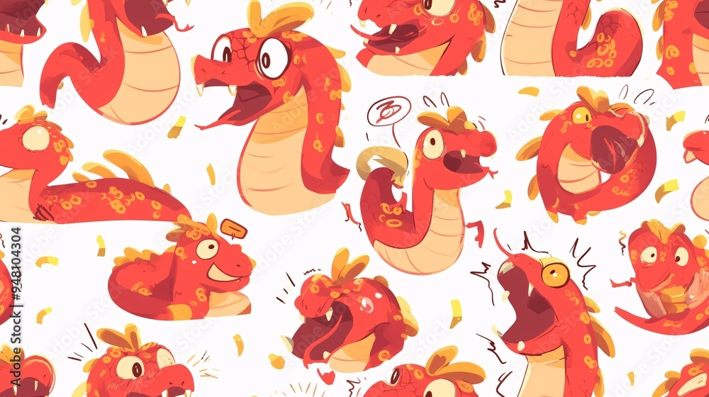 Whimsical Red Dragon Antics: A vibrant pattern of playful red dragons ...