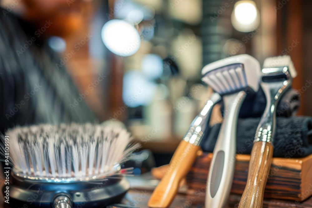 Close-up on a set of shaving tools at a barber shop Close-up on a set ...