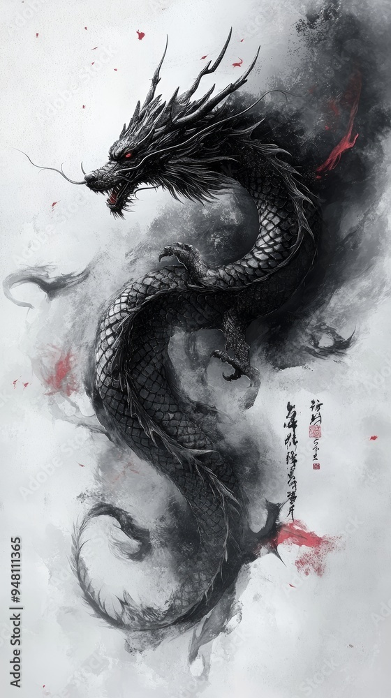 The powerful black dragon rises its scales shimmering in the light ...