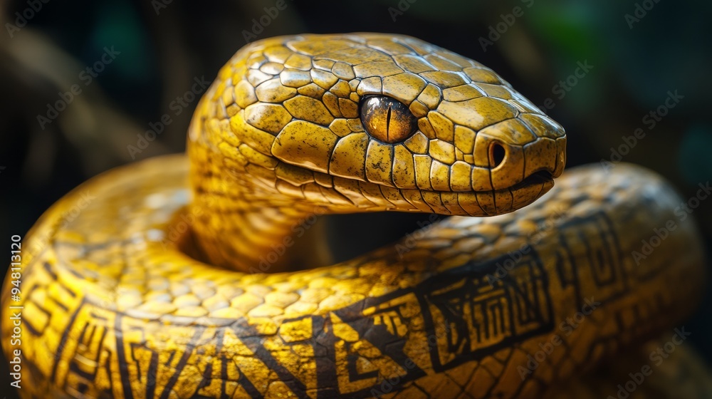 This stunning golden snake glimmers under sunlight as it coils itself ...