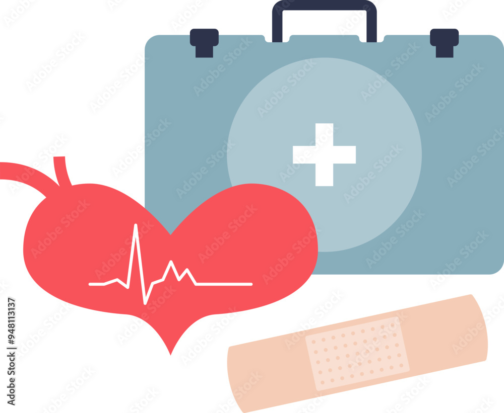 Poster A first aid kit with a heart and pulse line, symbolizing ...