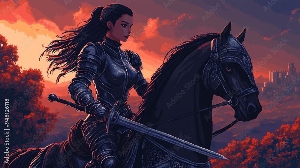 girl knight in armor on horseback. in pixel art Stock Illustration ...