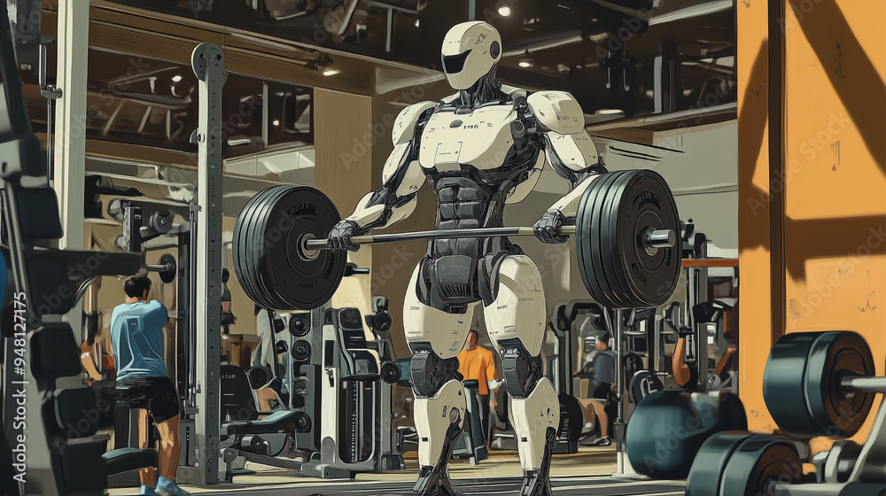 A robot is lifting a barbell in a gym. The robot is white and has a ...