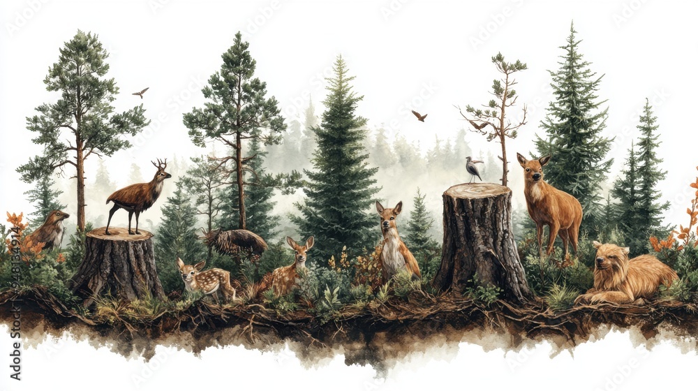 Illustrative clipart of deforestation, highlighting the destruction of ...