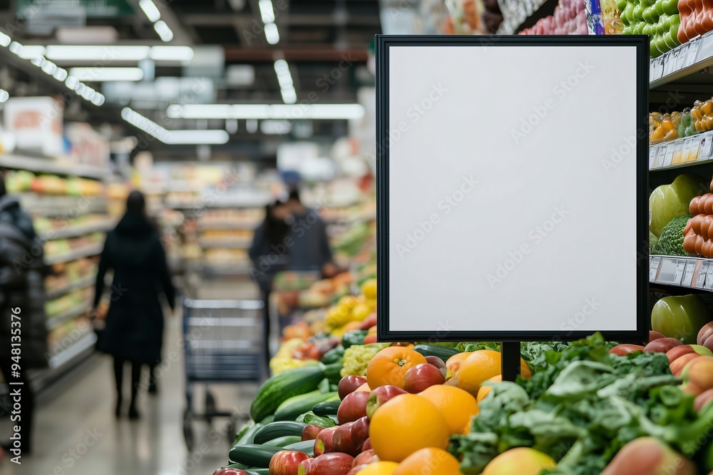 Blank sign is displayed in a grocery store near fresh fruits and ...