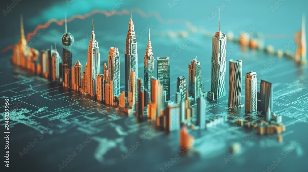 Global economic downturn shown by a falling graph and famous landmarks ...