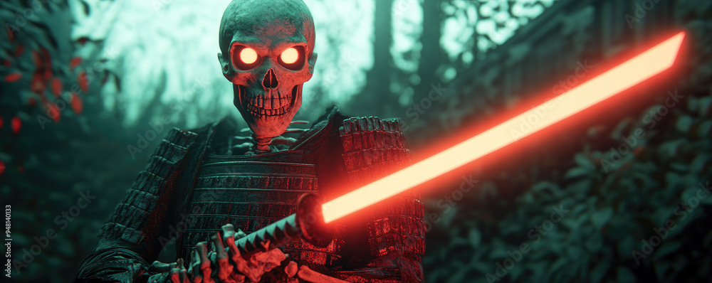 Undead Samurai Guardian, a skeletal warrior clad in dark armor wields a ...