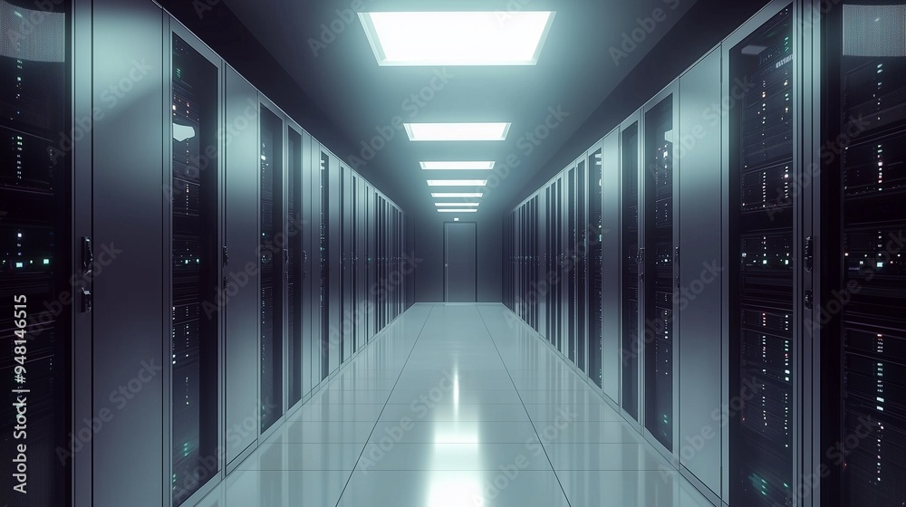 Shot of corridor in working data center full of rack servers and ...