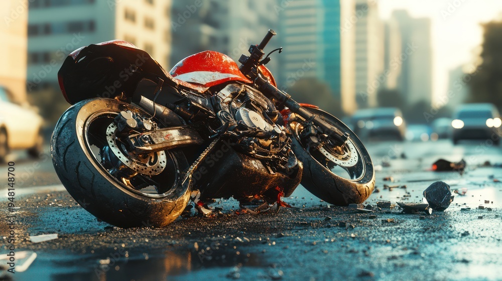 A damaged motorcycle lies on the road after an accident, highlighting ...