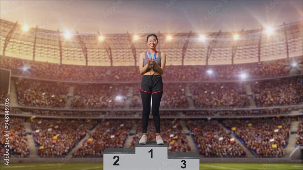 Full Body Of Asian Woman Wearing A Gold Medal And Clapping Hands Being ...