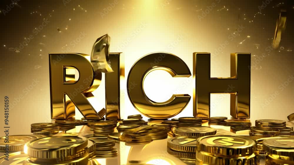 Golden RICH text with shining coins displaying wealth and prosperity in ...