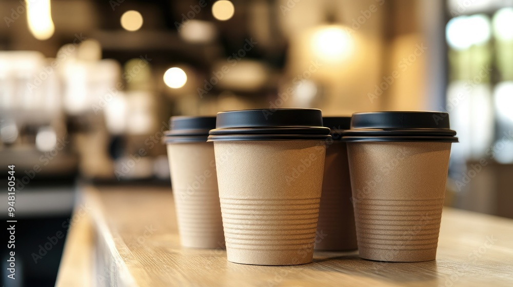 Stack of paper cups with lids and ice-cold beverages, placed on a ...