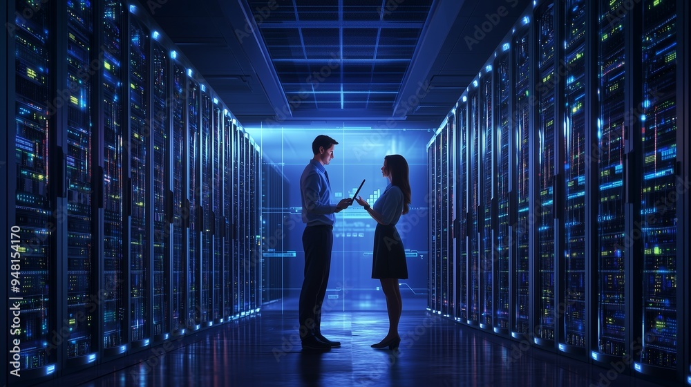 Male it specialist holds laptop and discusses work with female server ...